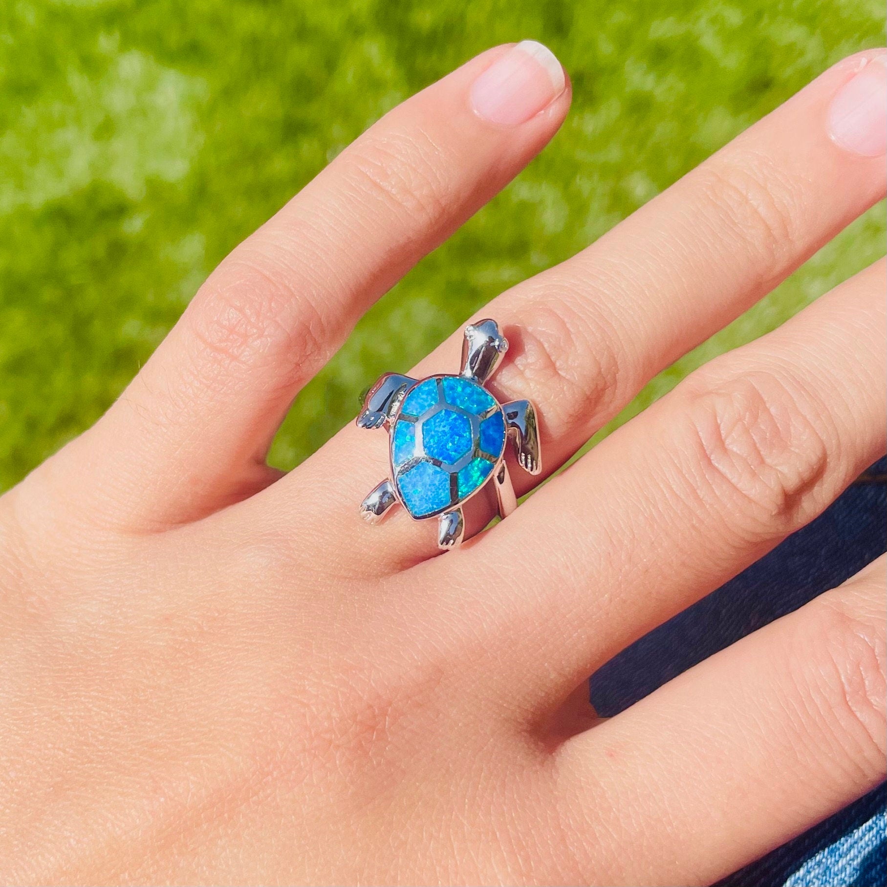 Sterling Silver Blue Synthetic Opal Sea Turtle Ring for Women 8